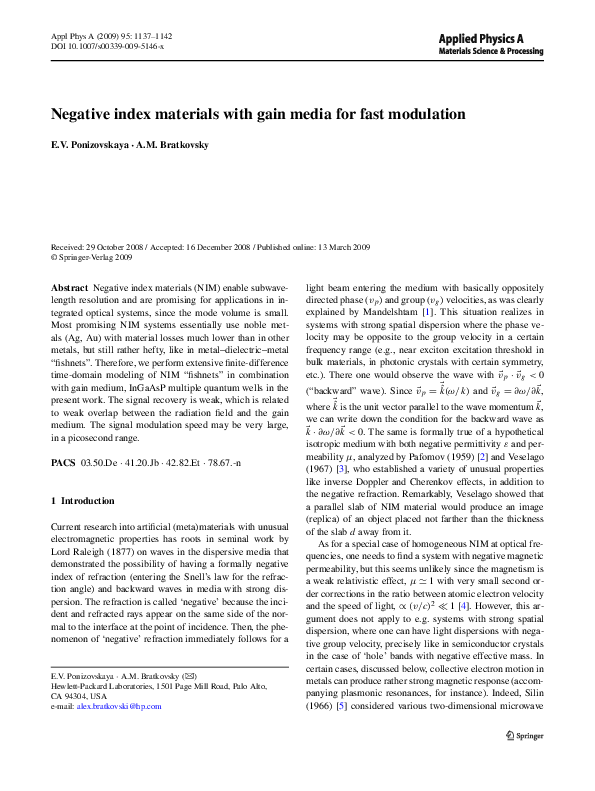 (PDF) Negative index materials with gain media for fast modulation