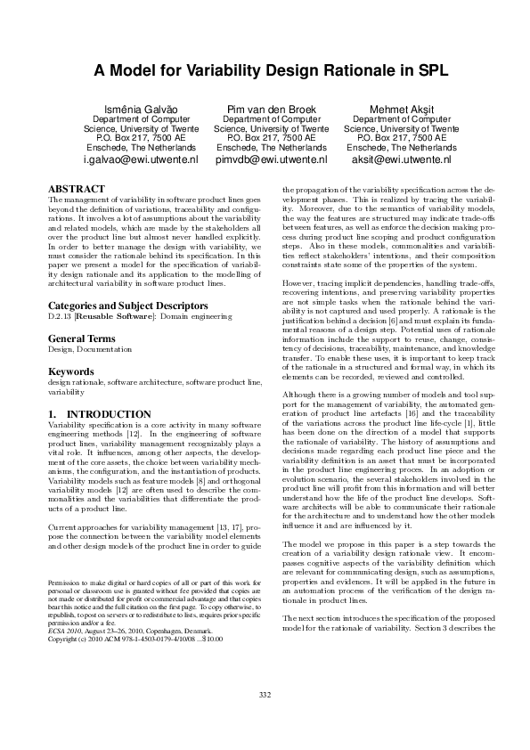 (PDF) A model for variability design rationale in SPL
