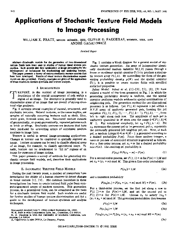 Pdf Applications Of Stochastic Texture Field Models To Image Processing