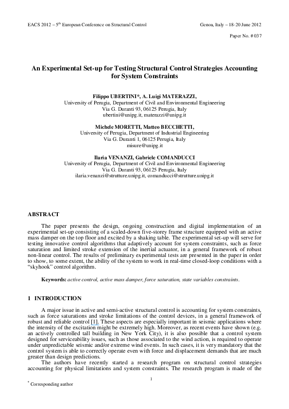 (PDF) An Experimental Set-up for Testing Structural Control Strategies ...