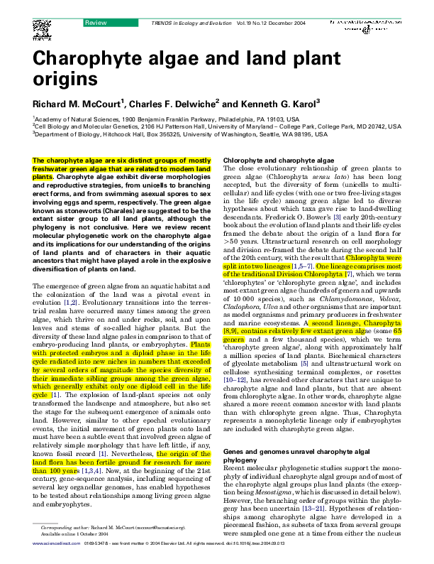 (PDF) Charophyte algae and land plant origins