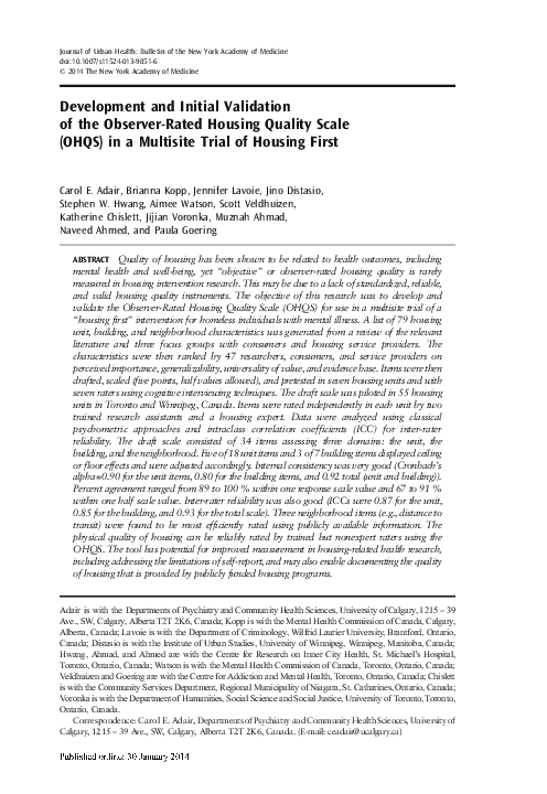 (PDF) Development and Initial Validation of the Observer-Rated Housing Quality Scale (OHQS) in a ...