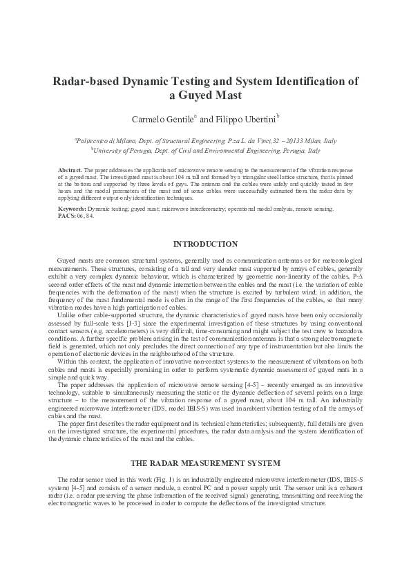 (PDF) Radar-based dynamic testing and system identification of a guyed mast