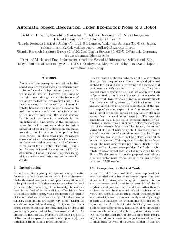(PDF) Automatic Speech Recognition Under Ego-motion Noise of a Robot