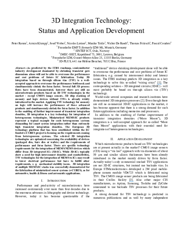 (PDF) 3D Integration technology: Status and application development