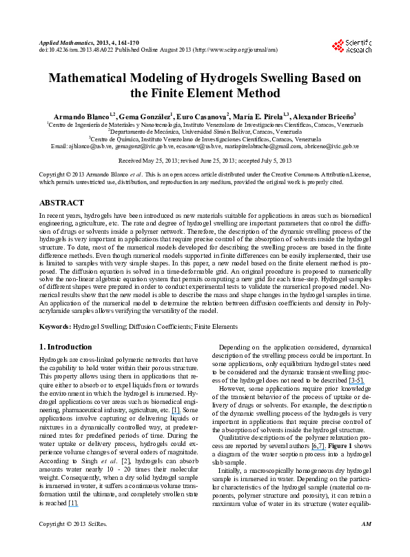 (PDF) Mathematical Modeling of Hydrogels Swelling Based on the Finite Element Method