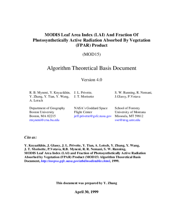 Pdf Modis Leaf Area Index Lai And Fraction Of Photosynthetically Active Radiation Absorbed