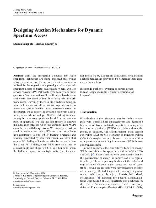 (PDF) Designing Auction Mechanisms for Dynamic Spectrum Access