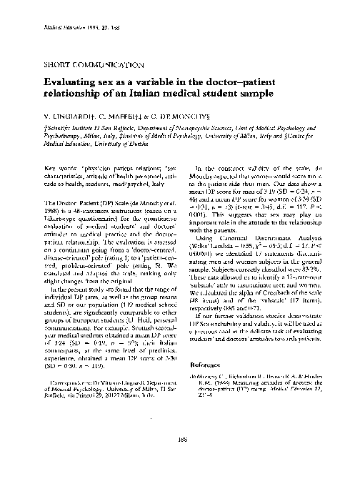Pdf Evaluating Sex As A Variable In The Doctor Patient Relationship Of An Italian Medical