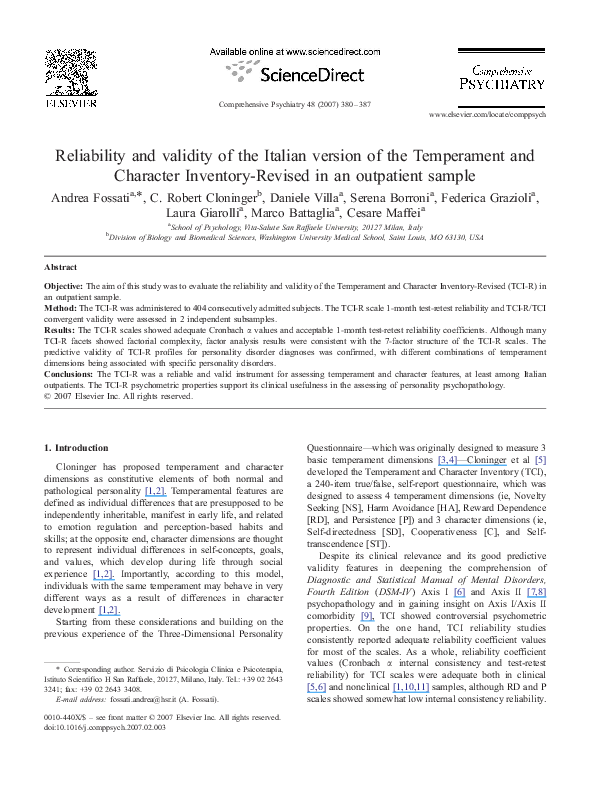 (PDF) Reliability and validity of the Italian version of the Temperament and Character Inventory ...