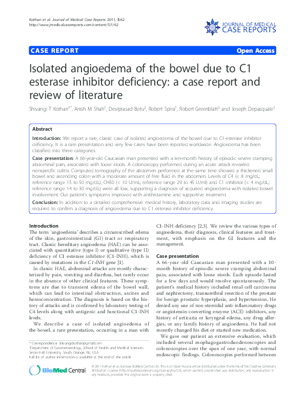 (PDF) Isolated angioedema of the bowel due to C1 esterase inhibitor ...