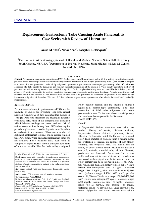 (PDF) Replacement gastrostomy tube causing acute pancreatitis: case series with review of literature