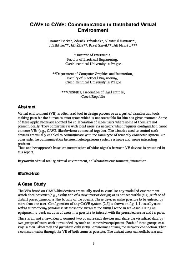 (PDF) CAVE to CAVE: Communication in Distributed Virtual Environment