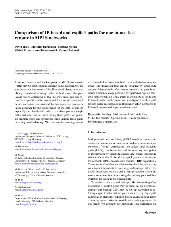 (PDF) Comparison of IP-Based and Explicit Paths for One-to-One Fast Reroute in MPLS Networks
