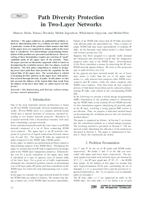 (PDF) Path Diversity Protection in Two-Layer Networks