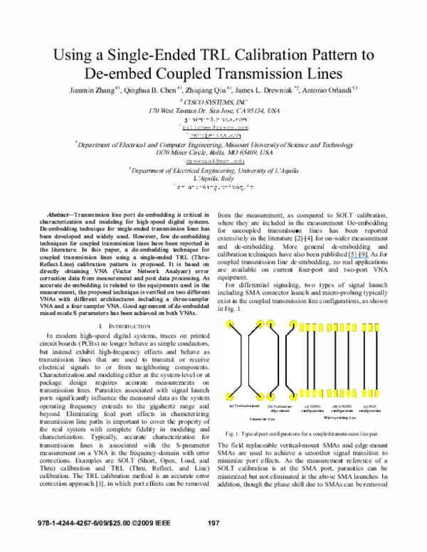(PDF) Using a single-ended TRL calibration pattern to de-embed coupled transmission lines