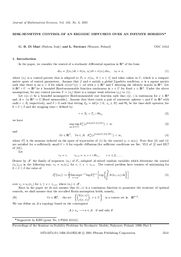 (PDF) Risk-Sensitive Control of an Ergodic Diffusion over an Infinite Horizon