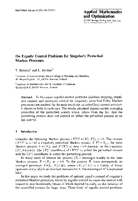 (PDF) On ergodic control problems for singularly perturbed Markov processes