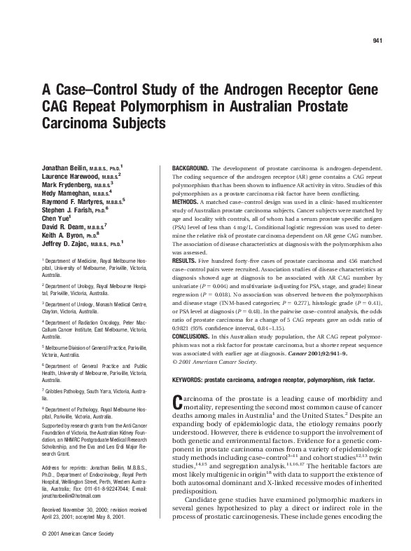 (PDF) A case-control study of the androgen receptor gene CAG repeat polymorphism in Australian ...