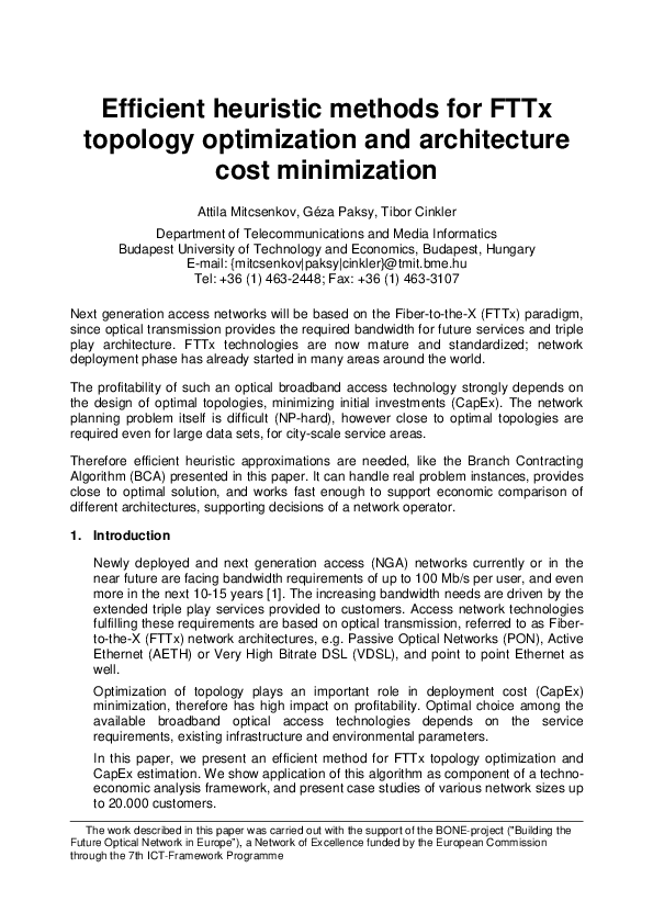 (PDF) Efficient heuristic methods for FTTx topology optimization and architecture cost minimization