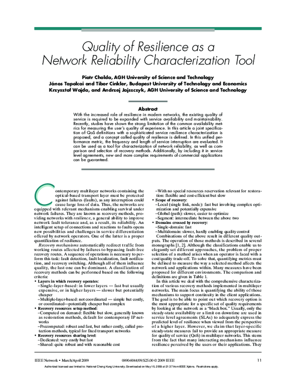 (PDF) Quality of resilience as a network reliability characterization tool