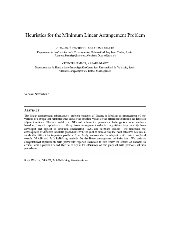(PDF) Heuristics for the Minimum Linear Arrangement Problem