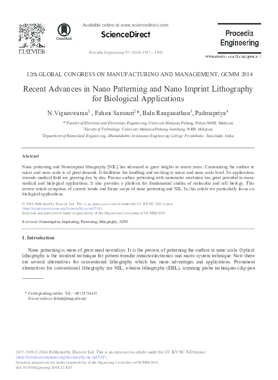 (PDF) ScienceDirect Recent Advances in Nano Patterning and Nano Imprint Lithography for ...