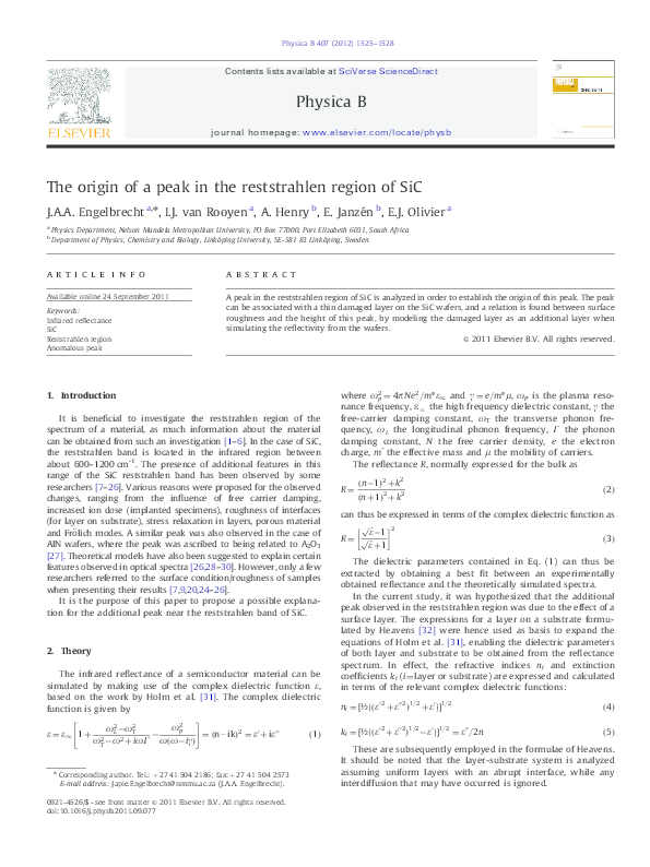 (PDF) The origin of a peak in the reststrahlen region of SiC