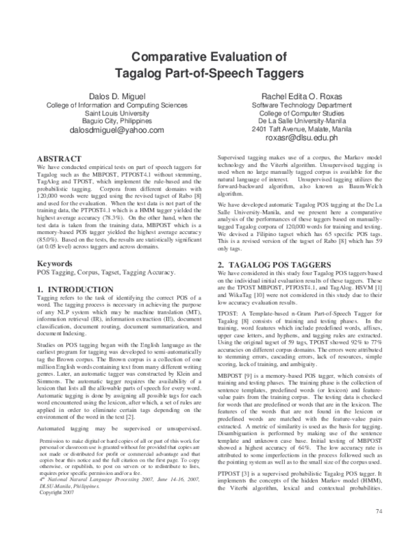 Pdf Comparative Evaluation Of Tagalog Part Of Speech Taggers