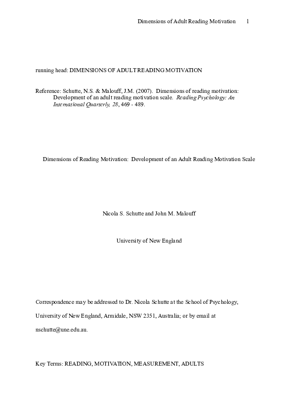 (DOC) Dimensions of Reading Motivation: Development of an Adult Reading ...