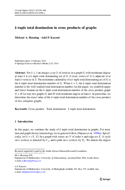 (PDF) k-tuple total domination in cross products of graphs