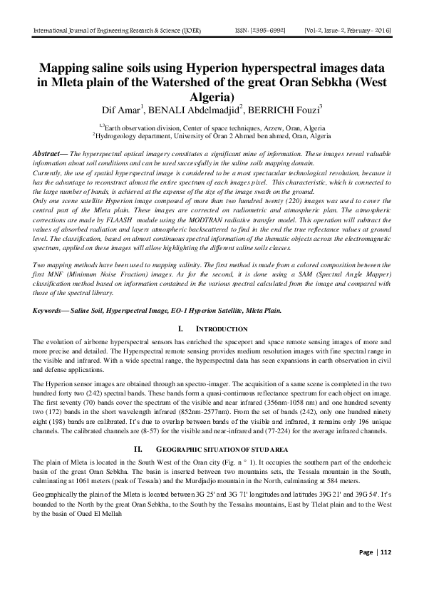 (PDF) Mapping saline soils using Hyperion hyperspectral images data in Mleta plain of the ...