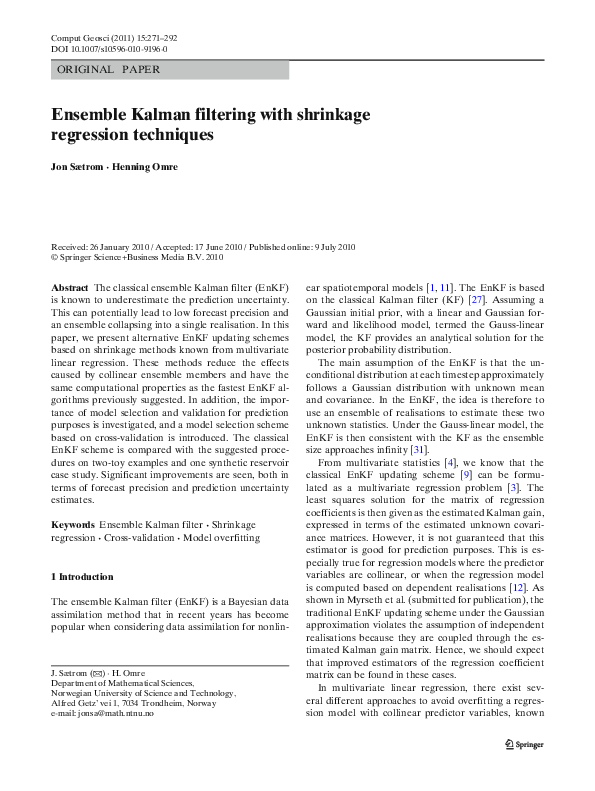 Pdf Ensemble Kalman Filtering With Shrinkage Regression Techniques