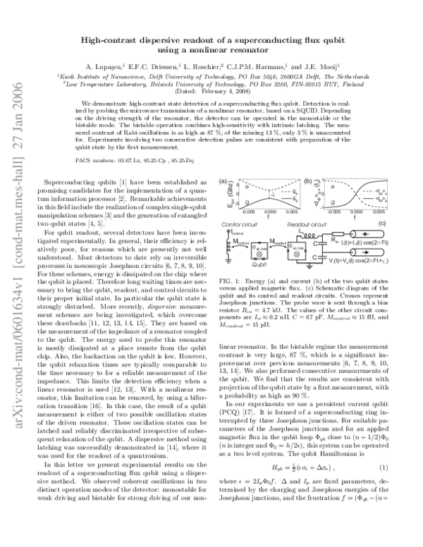 (PDF) High-Contrast Dispersive Readout of a Superconducting Flux Qubit Using a Nonlinear Resonator