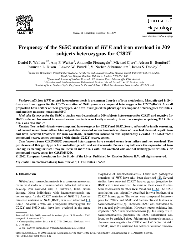 (PDF) Frequency of the S65C mutation of HFE and iron overload in 309 ...
