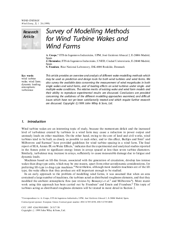 (PDF) Survey of modelling methods for wind turbine wakes and wind farms