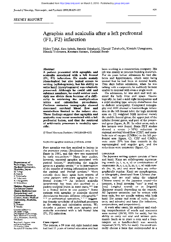 (PDF) Agraphia and acalculia after a left prefrontal (F1, F2) infarction