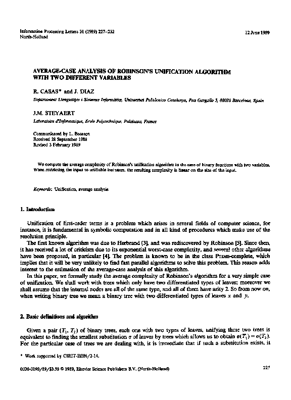 (PDF) Average-case analysis of Robinson's unification algorithm with two different variables