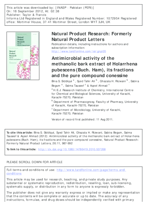 (PDF) Antimicrobial activity of the methanolic bark extract of Holarrhena pubescens (Buch. Ham ...