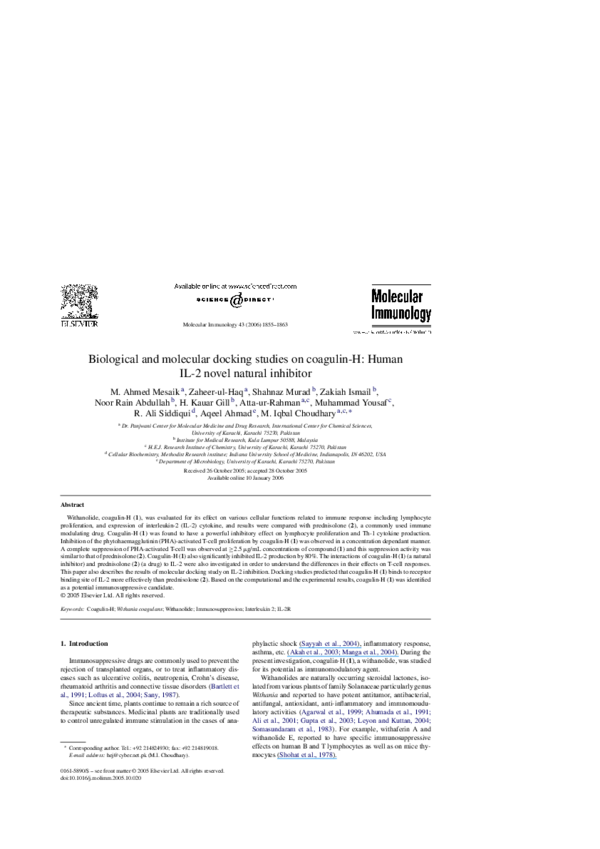 (PDF) Biological and molecular docking studies on coagulin-H: Human IL ...