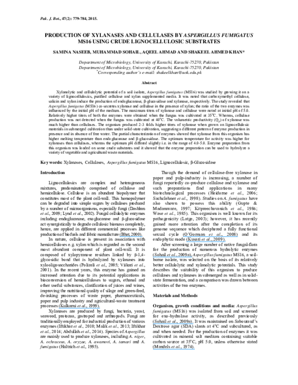(PDF) Xylanase and Cellulase Production by Aspergillus Fumigatus MS16
