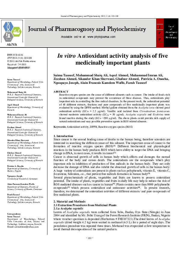 (PDF) In vitro Antioxidant activity analysis of five medicinally important plants