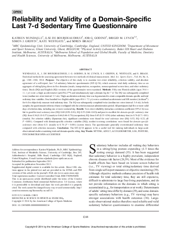 Pdf Reliability And Validity Of A Domain Specific Last 7 Day