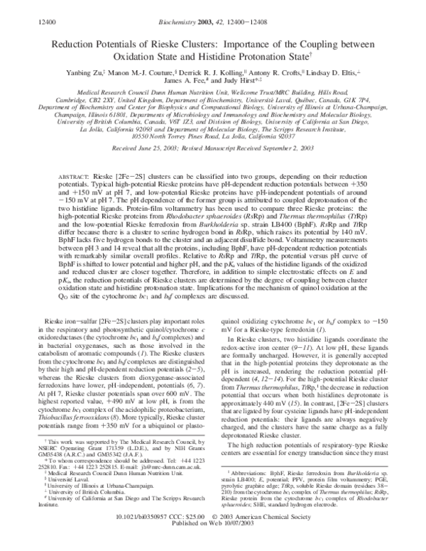 (PDF) Reduction Potentials of Rieske Clusters: Importance of the ...