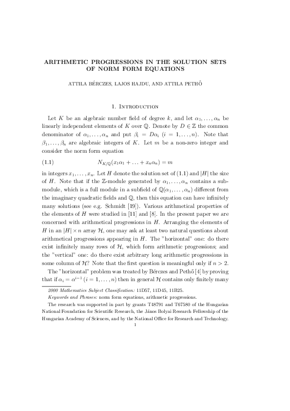 (PDF) Arithmetic Progressions in the Solution Sets of Norm Form Equations