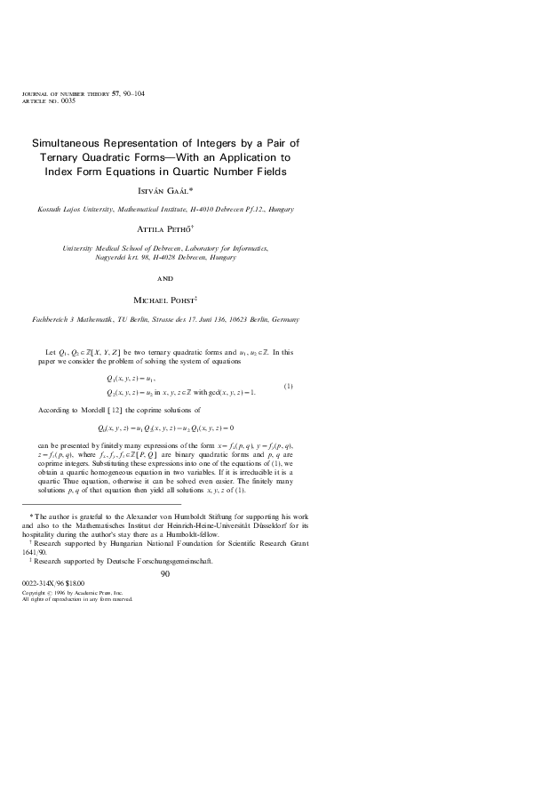 (PDF) Simultaneous Representation of Integers by a Pair of Ternary Quadratic Forms?With an ...