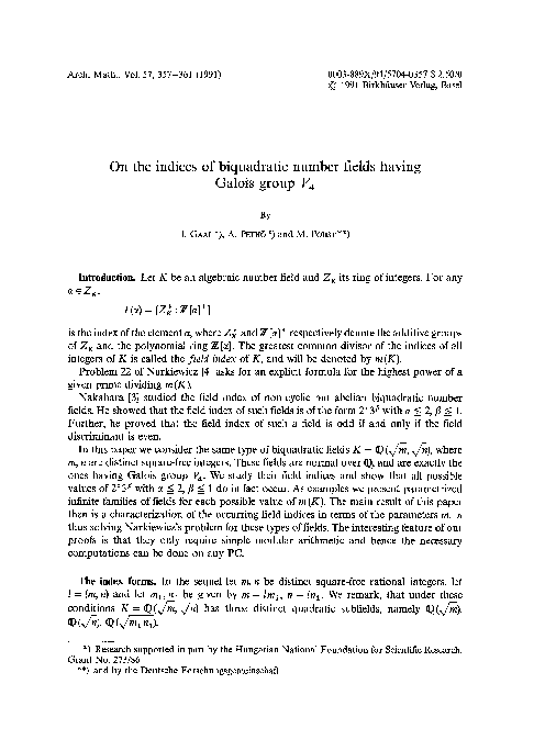 (PDF) On the indices of biquadratic number fields having Galois groupV 4