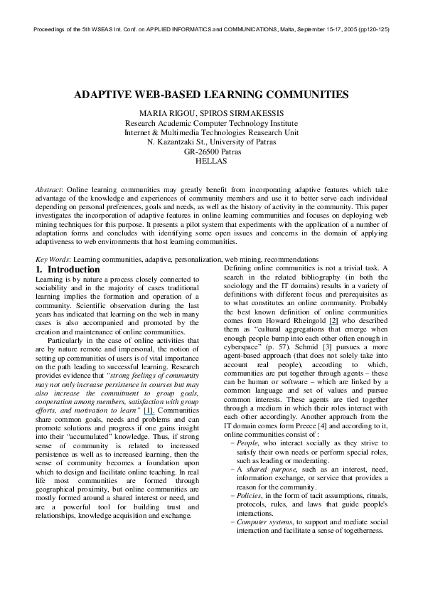 (PDF) Adaptive web-based learning communities