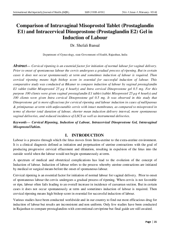 (PDF) Comparison of Intravaginal Misoprostol Tablet (Prostaglandin E1 ...
