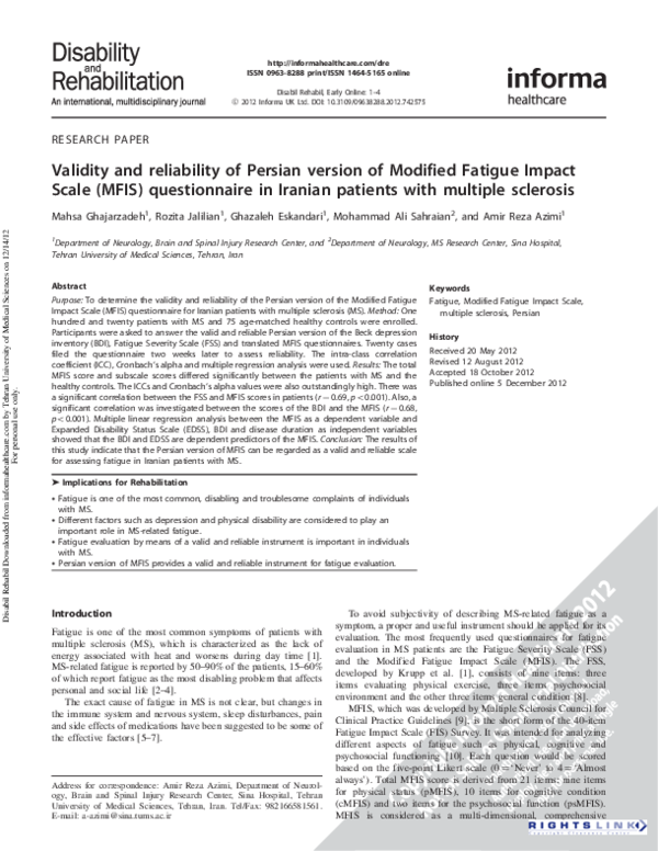 (PDF) Validity and reliability of the Persian version of the Movement Imagery Questionnaire 2